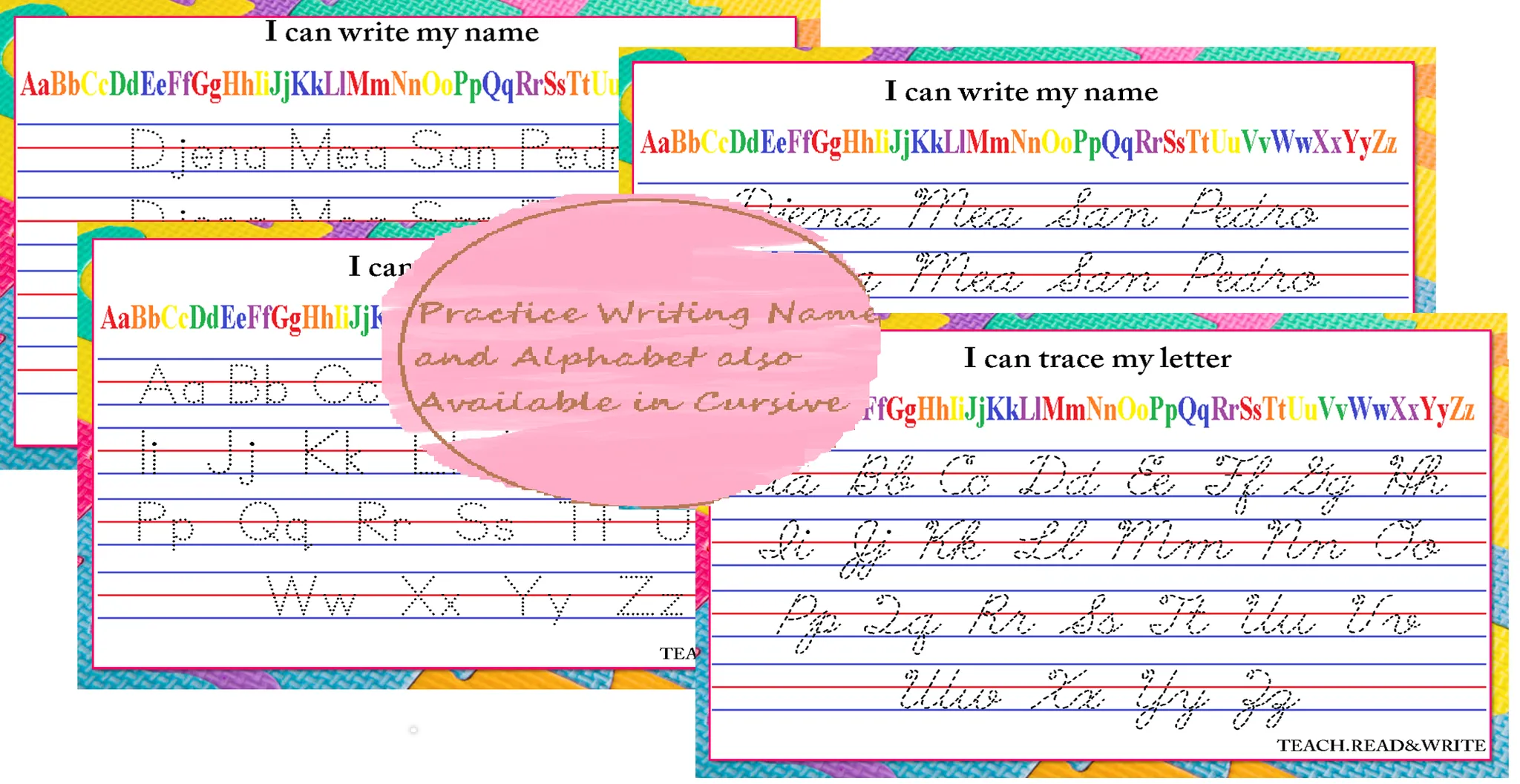 Laminated Practice Writing Alphabet and Names Print Handwriting Cursive ...