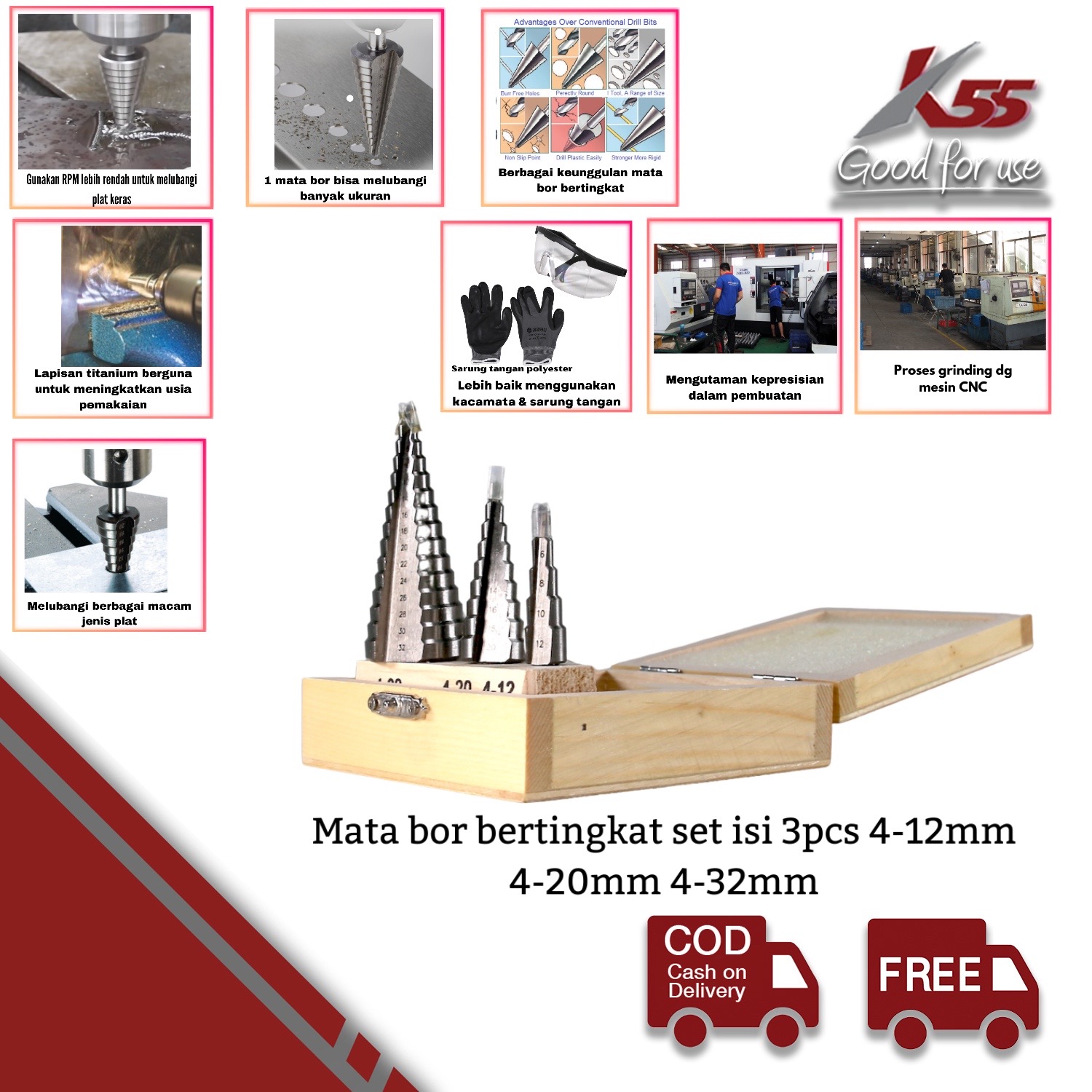 K55 Mata Bor Bertingkat Piramid Pagoda Set 3pcs Plat Besi Baja ...
