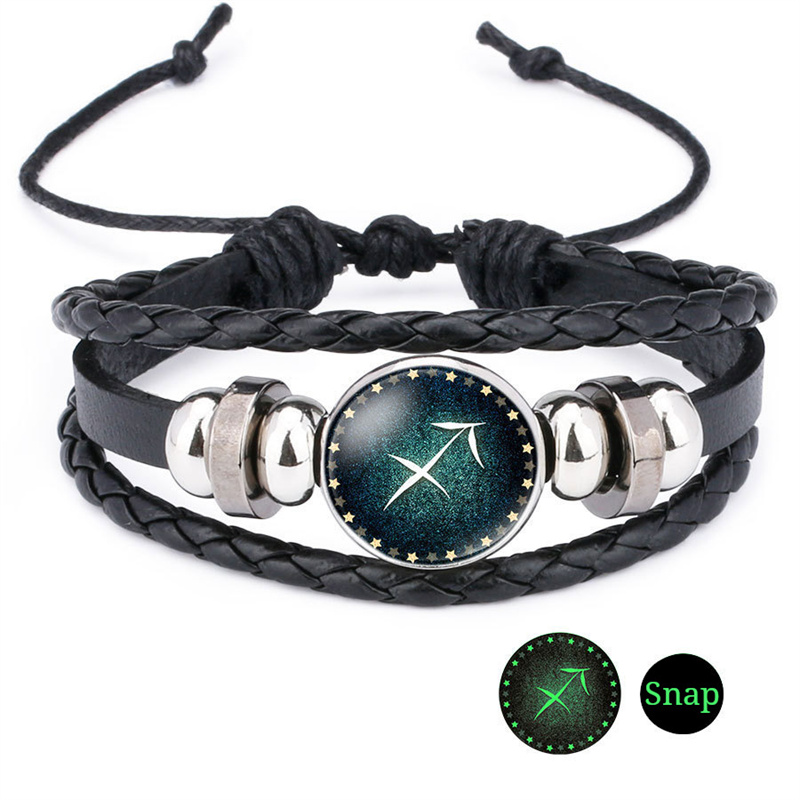 Luminous Black Green 12 Constellation Bracelet Beaded Rope PU Leather ...