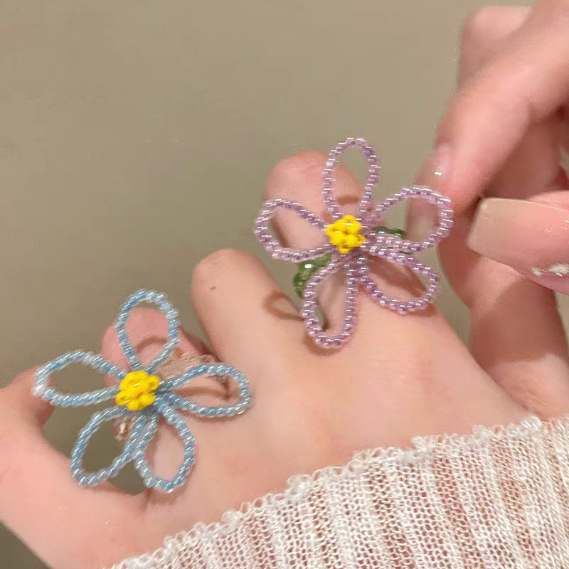 Colorful Beaded Flower Rings For Women Girls Korean Fashion Sweet Large ...
