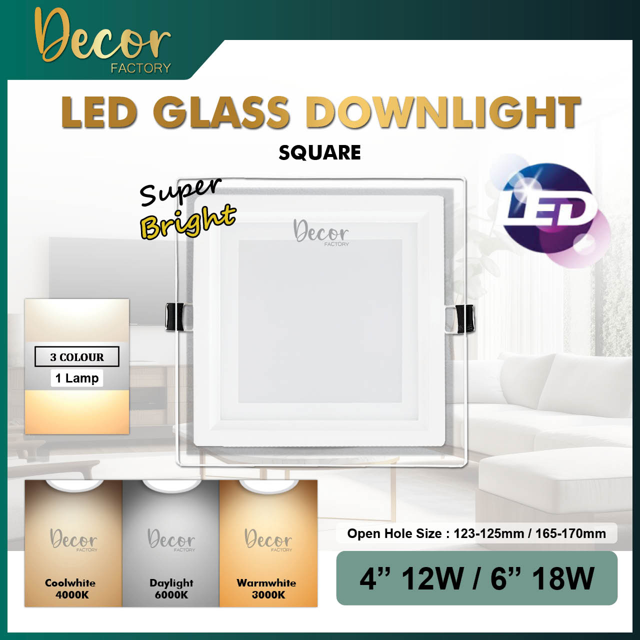 [2 Years Warranty] Sirim 3 Color Glass Recess LED Downlight 4" 6" 12W ...