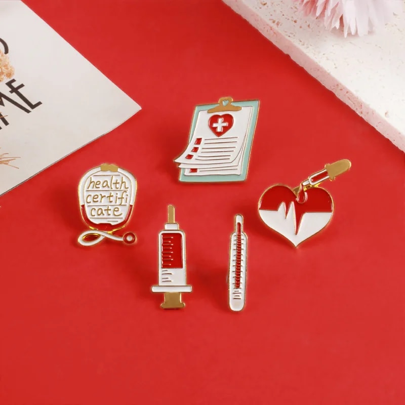 Medical Enamel Brooch Heart Stethoscope ECG Thermometer Syringe Pill ...