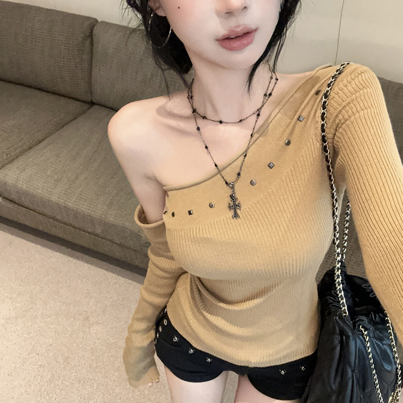 Rivet Off Shoulder Sweaters For Women Sexy Pullovers Asymmetric Knitted ...