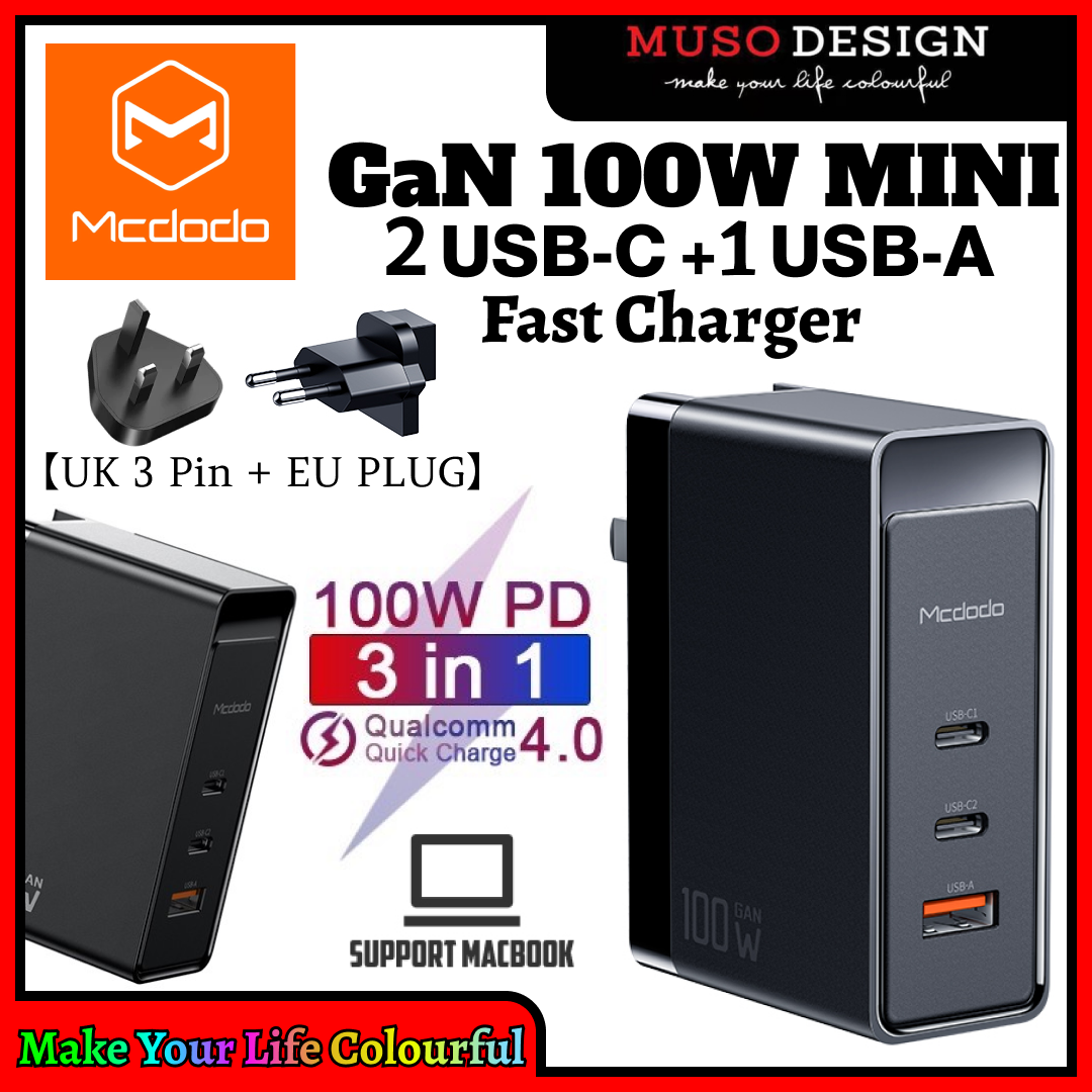 Mcdodo 100W GaN 3-PORT 2 USB-C 1 + USB-A Fast Charger Power Adapter UK ...