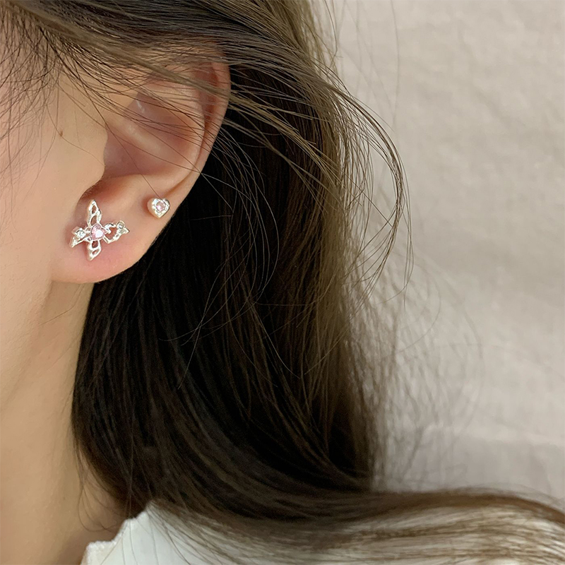 6Pcs/set Sweet Cool Pink Zircon Butterfly Heart Stud Earring For Women Girls Trendy Punk ...