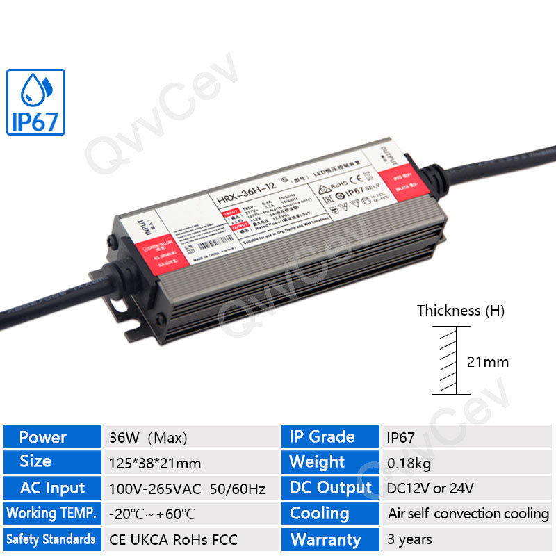 LAHFMY AC to DC 12V 24V IP67 Waterproof Led Strip Lighting Transformers Driver Power Supply 36W ...