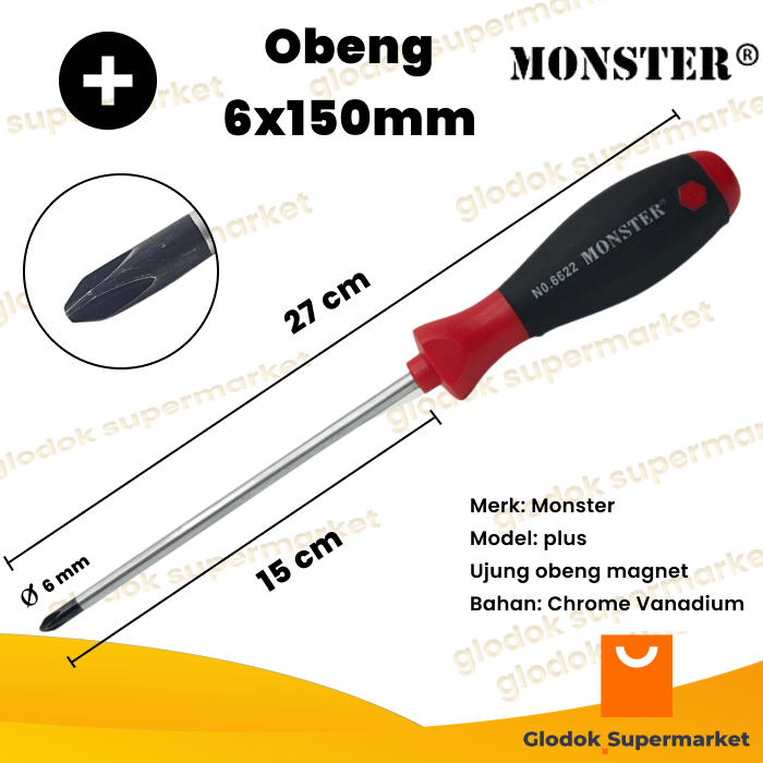 Obeng Plus 6 inch Monster Diameter 6mm Panjang Besi 15cm Magnet ...