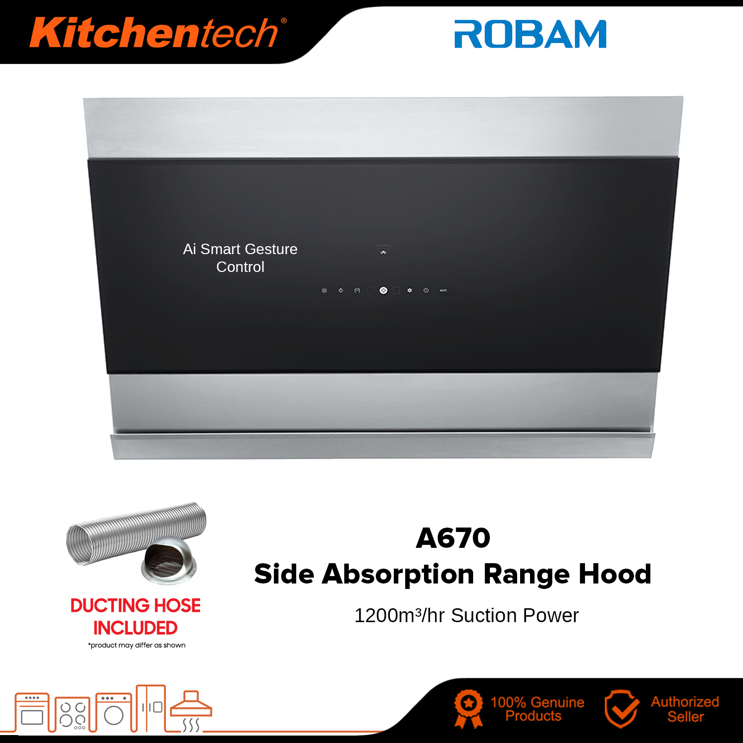Robam A670 Side Absorption Range Hood 90cm 1200m³/h Power Suction with ...