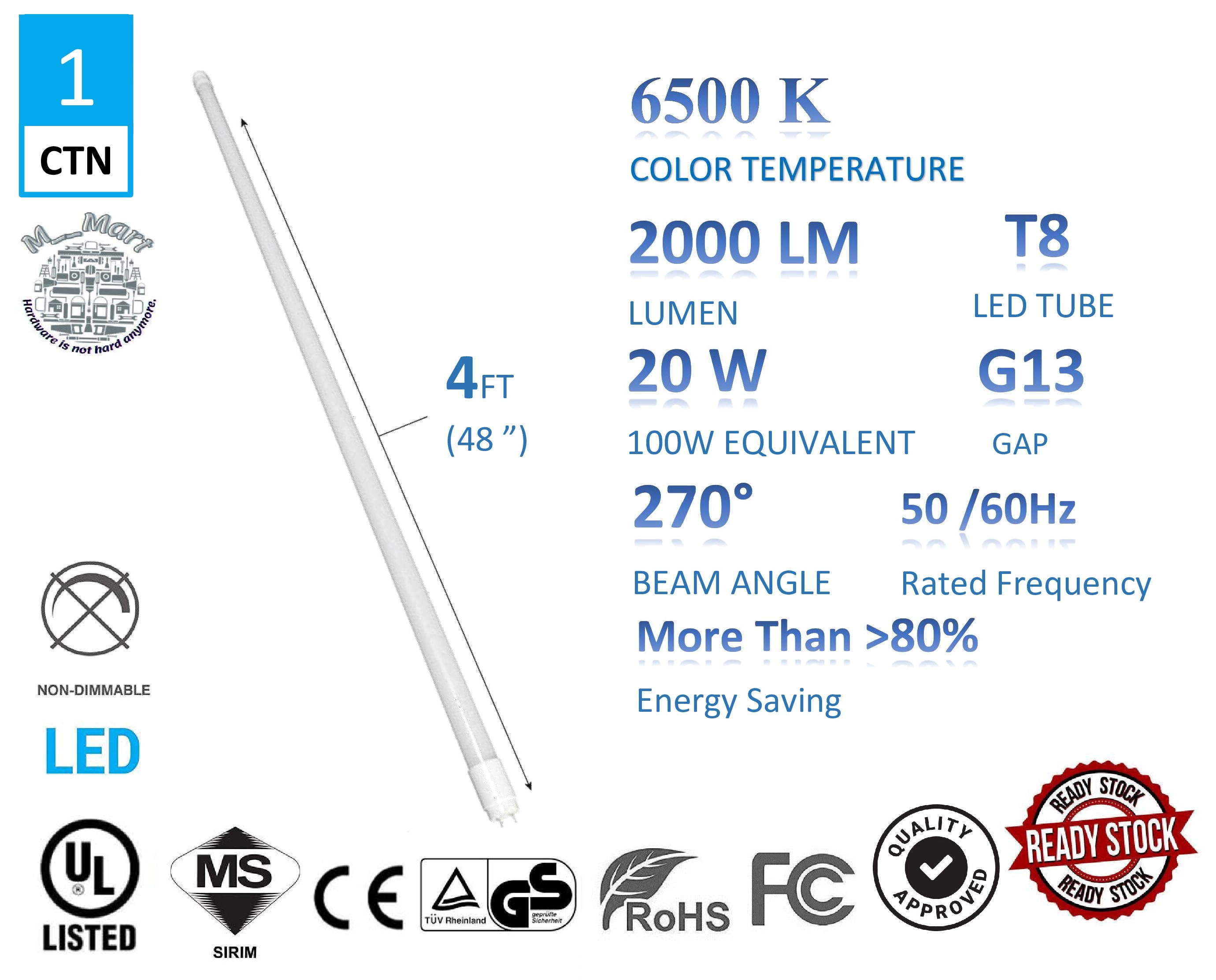 Lumitec 4FT LED Tube 20W T8 [ SIRIM ] Daylight 6500K Energy Saving up ...