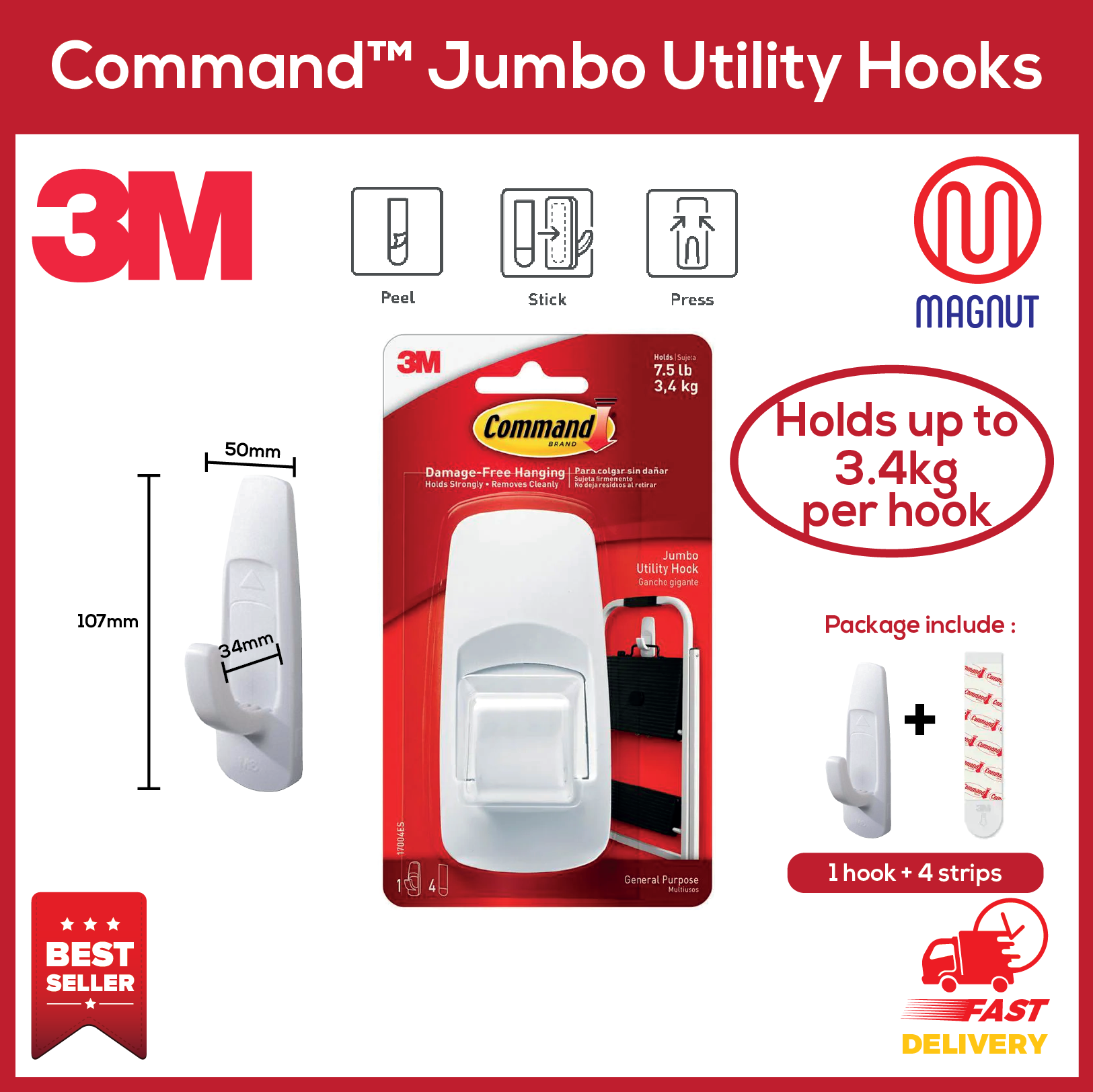 3M Command™ Small / Medium / Large / Jumbo Utility Hooks | Lazada