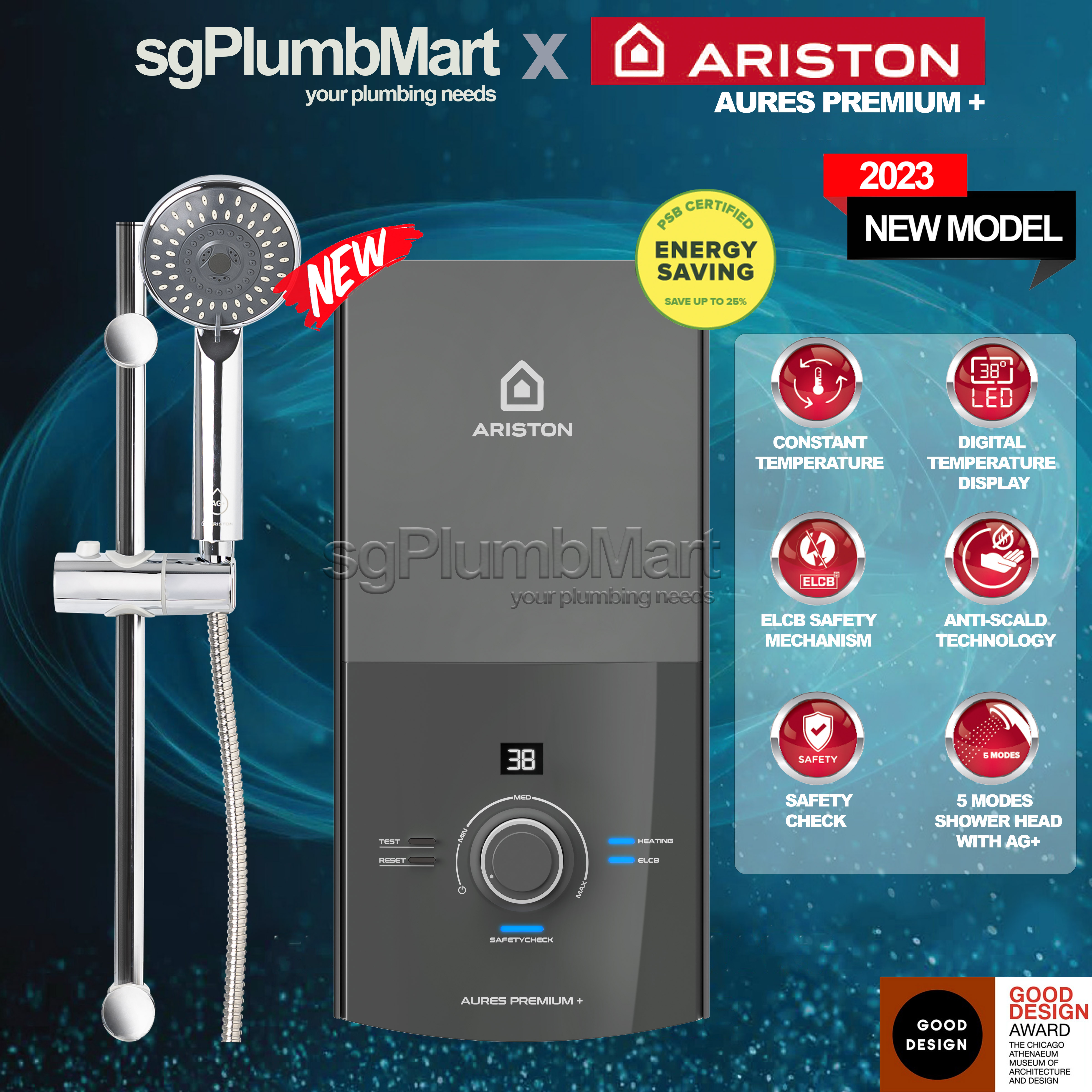 Ariston x sgPlumbMart Aures Premium+ Instant Water Heater with Built in ...