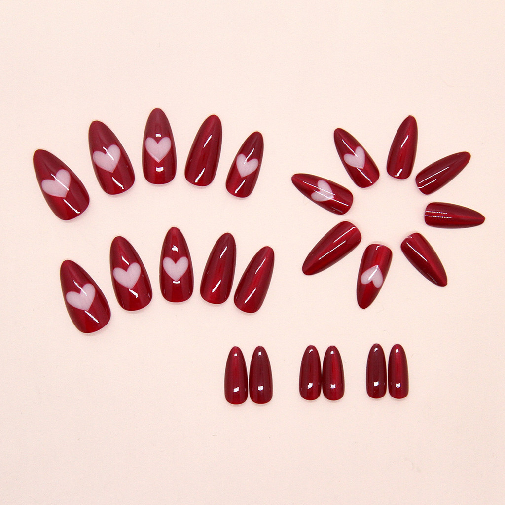 24Pcs Long Red Heart Fake Nails with Glue DIY Art Design False Nails ...