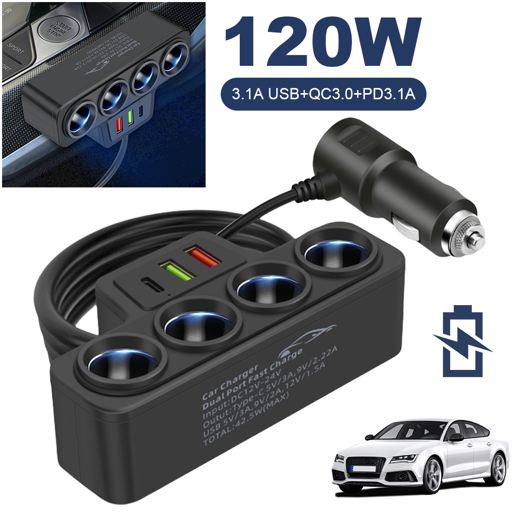 12V 24V Car Splitter with 4 Outlets and 3 USB Ports Fast Charging QC3.0 ...