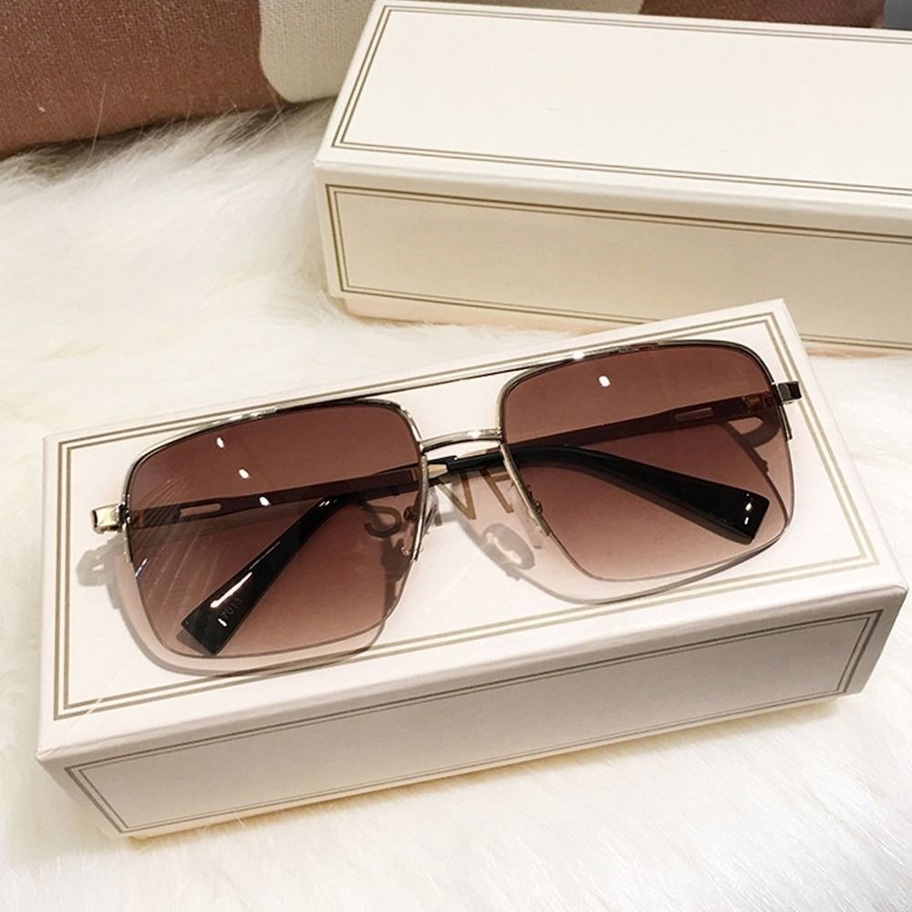 【LuxeGlow】Brown Semi-Rimless Sunglasses Men Square Shape Sun Glasses ...