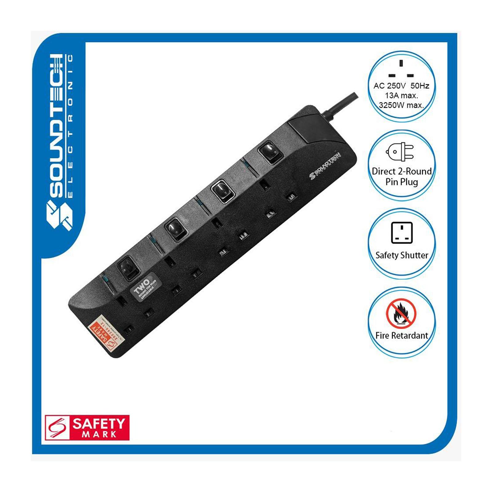 SoundTeoh 4-Ways Extension Socket 3 Meters - Black | Lazada Singapore