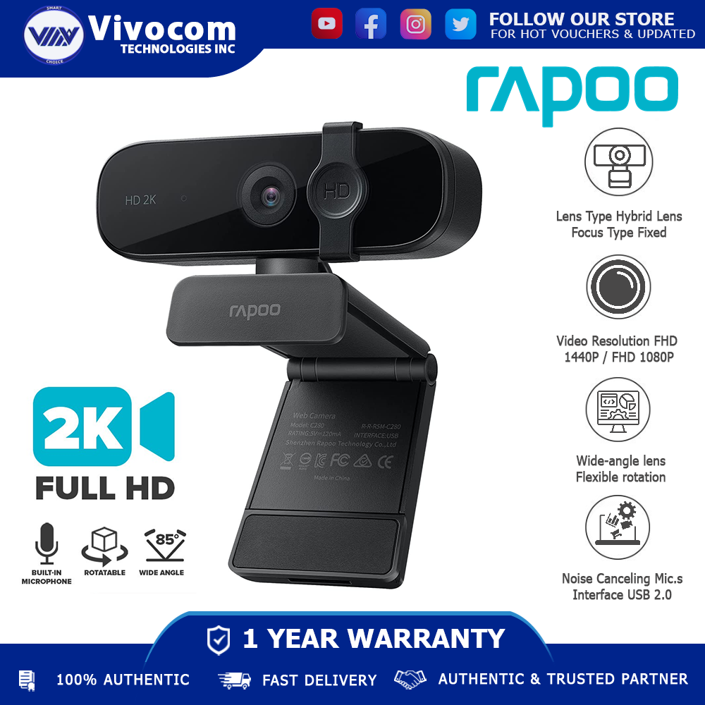 Rapoo C280 2K 1440P Webcam With USB 2.0 With Mic Rotatable Cameras For ...