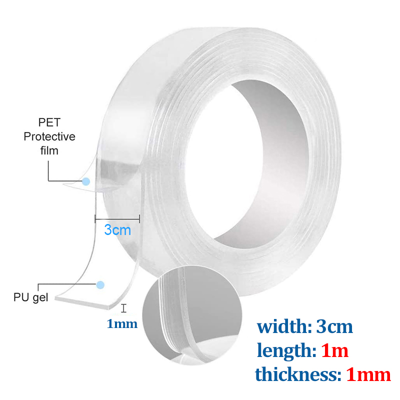 (3Pcs/Pack) 2mm Thick Double Sided Tape Removable Reusable Nano Tape Waterproof Adhesive Tape ...