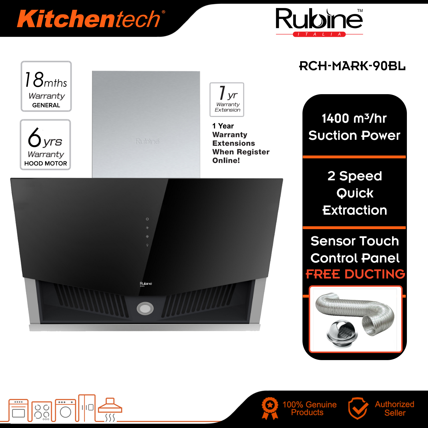 Rubine RCH-MARK-90BL / RCH-MARKXBL Stainless Steel Chimney Hood 1400 m³ ...