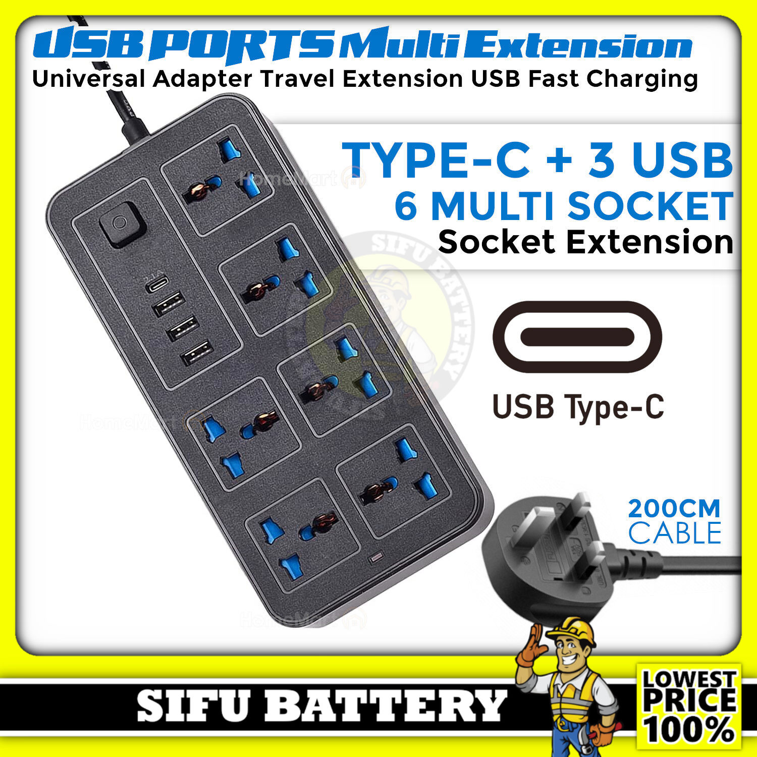 6 USB Port 3 Universal Power Strip Extension Plug Power Socket Electric ...