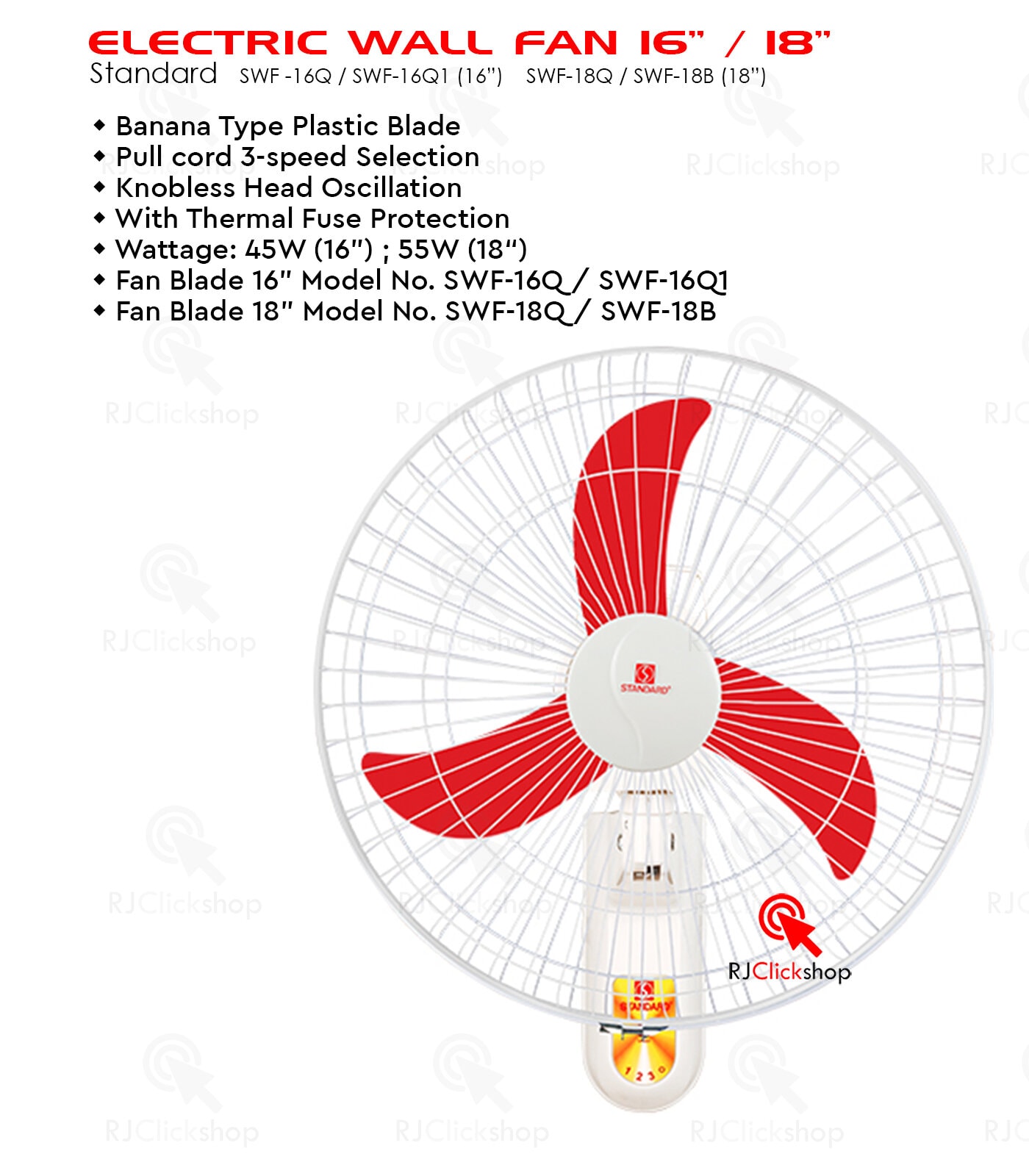ELECTRIC WALL FAN - STANDARD brand - (16") SWF-16Q / SWF-16Q1 or (18 ...