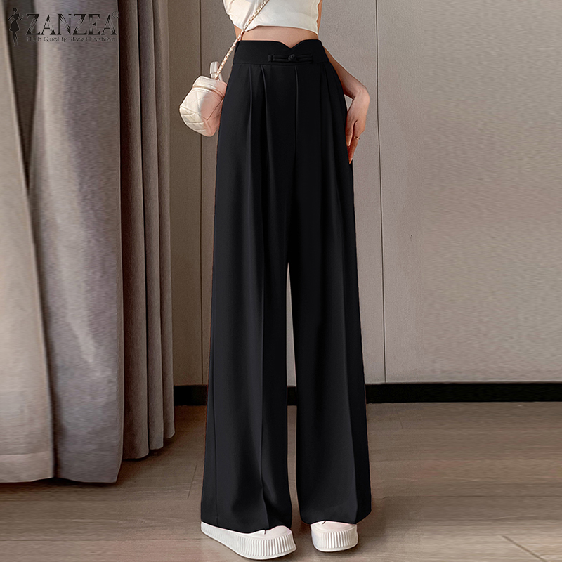 Esolo ZANZEA Korean Style Women Wide Leg Long Pants Solid Pleated ...