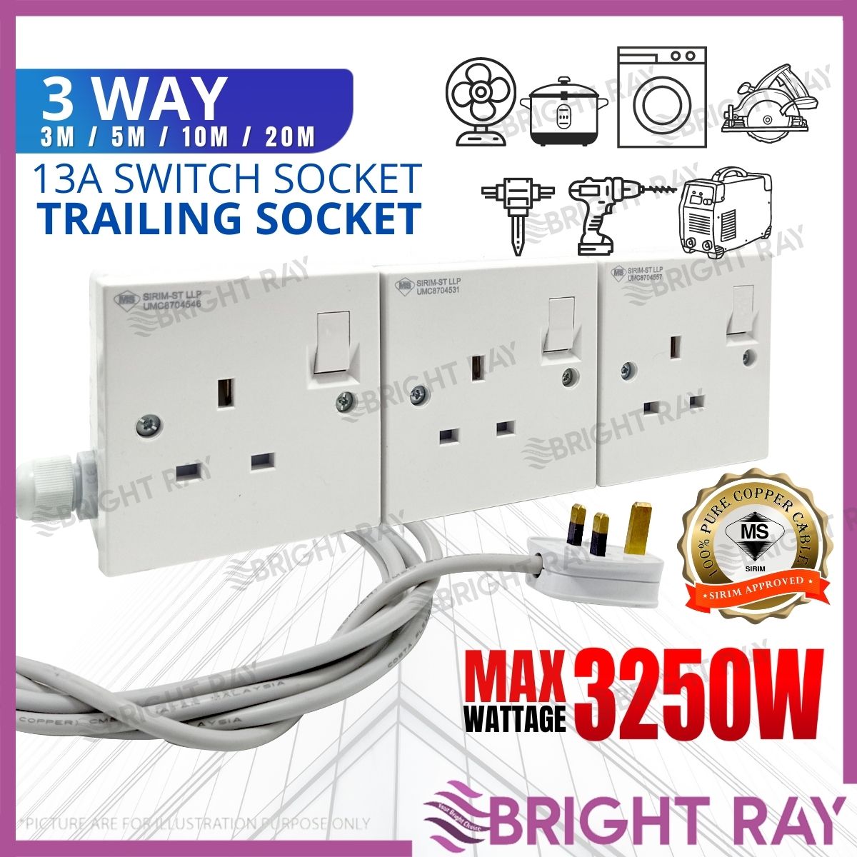 (3M/ 5M/10M/15M/20M) SIRIM 3 Way 13A Switch Socket with 40076 (1mm) x3C ...