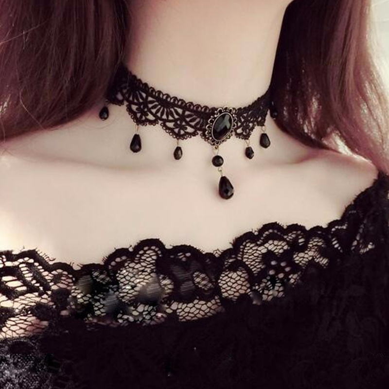 New Gothic Chokers Crystal Black Lace Neck Choker Necklace Vintage ...