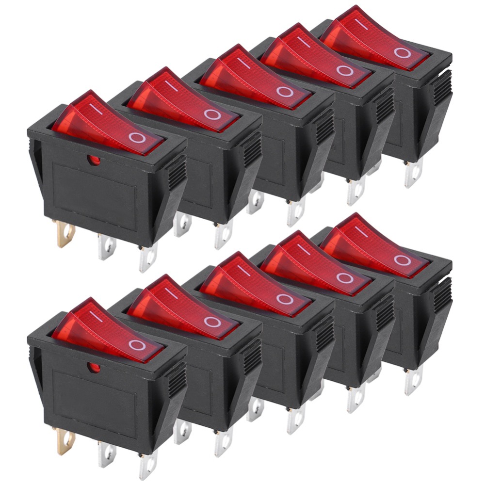 10Pcs Square Design KCD3 Boat Type Rocker Switches 3 Pin 2 Position Red ...