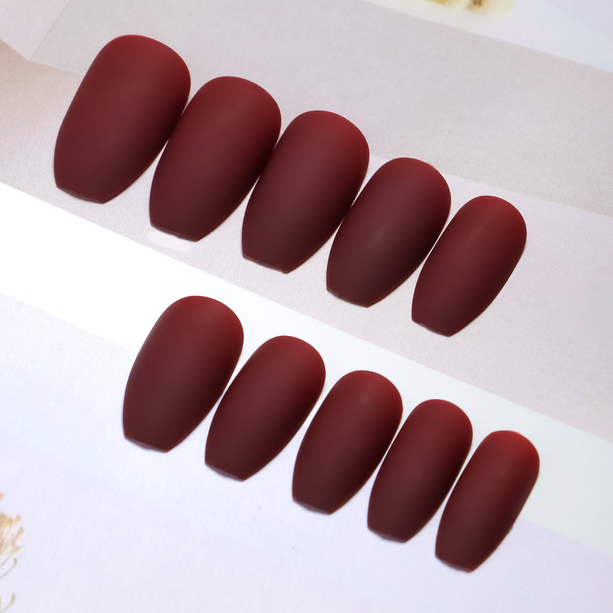 MJE-070 24pcs Wine Red Matte Press On Fake Nails Medium Coffin & Square ...
