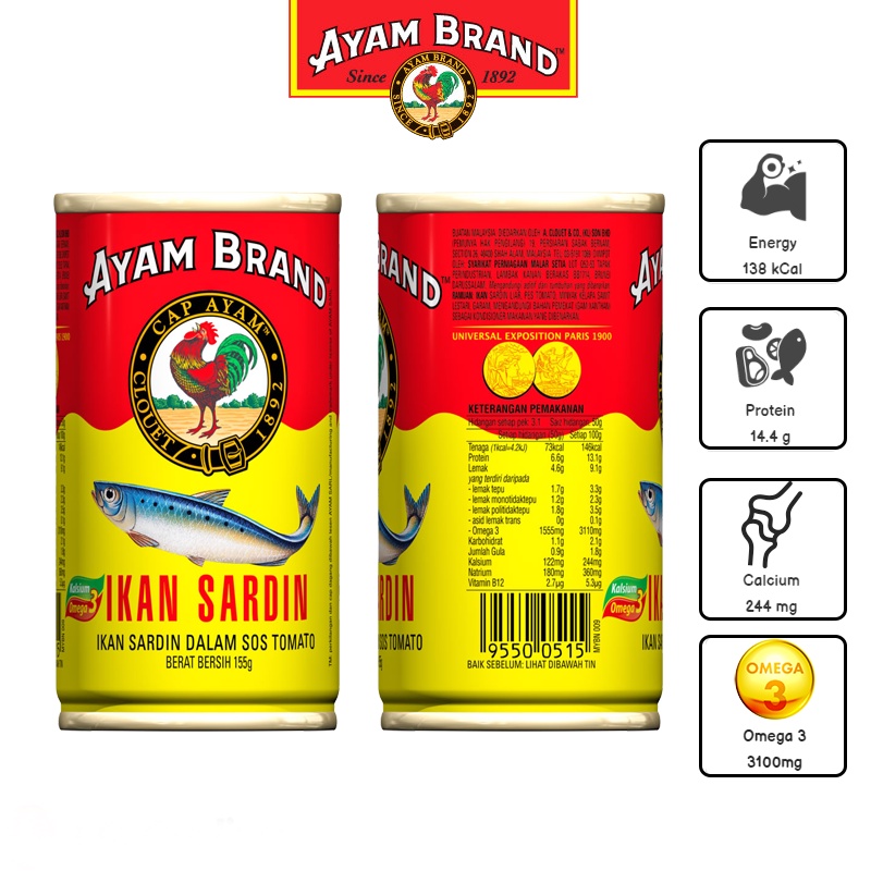 Ayam Brand Sardines in Tomato Sauce 155g/ 230g/ 425g Ikan Sardin Halal ...