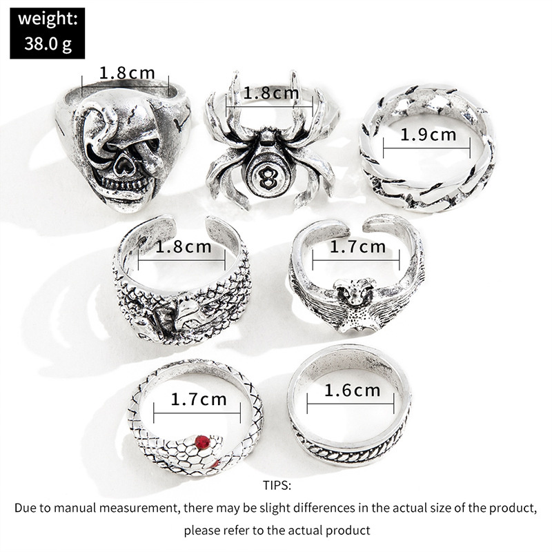 Men's Metal Finger Ring Set Of 7 Vintage Aged Spider Snake Bat Skull ...