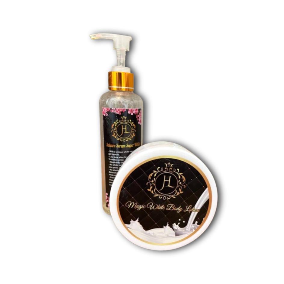 H SAKURA Serum Super white + H Magic white body lotion เซรั่มซากุระ และโลชั่นเมจิกไวท์(เซ็ตคู่ ...