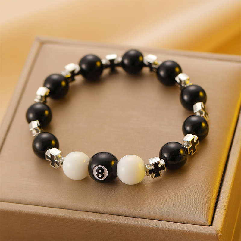 Billiard Black Ball 8 Beads Bracelet Men Women Handmade Cross Lucky ...