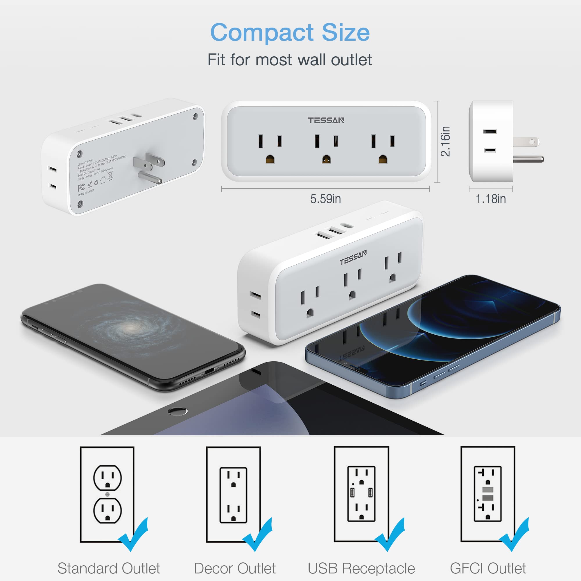 【NaturalHaven】Tessan Multi Plug Outlet With 5 Outlets 3 Usb 1 Usb C ...