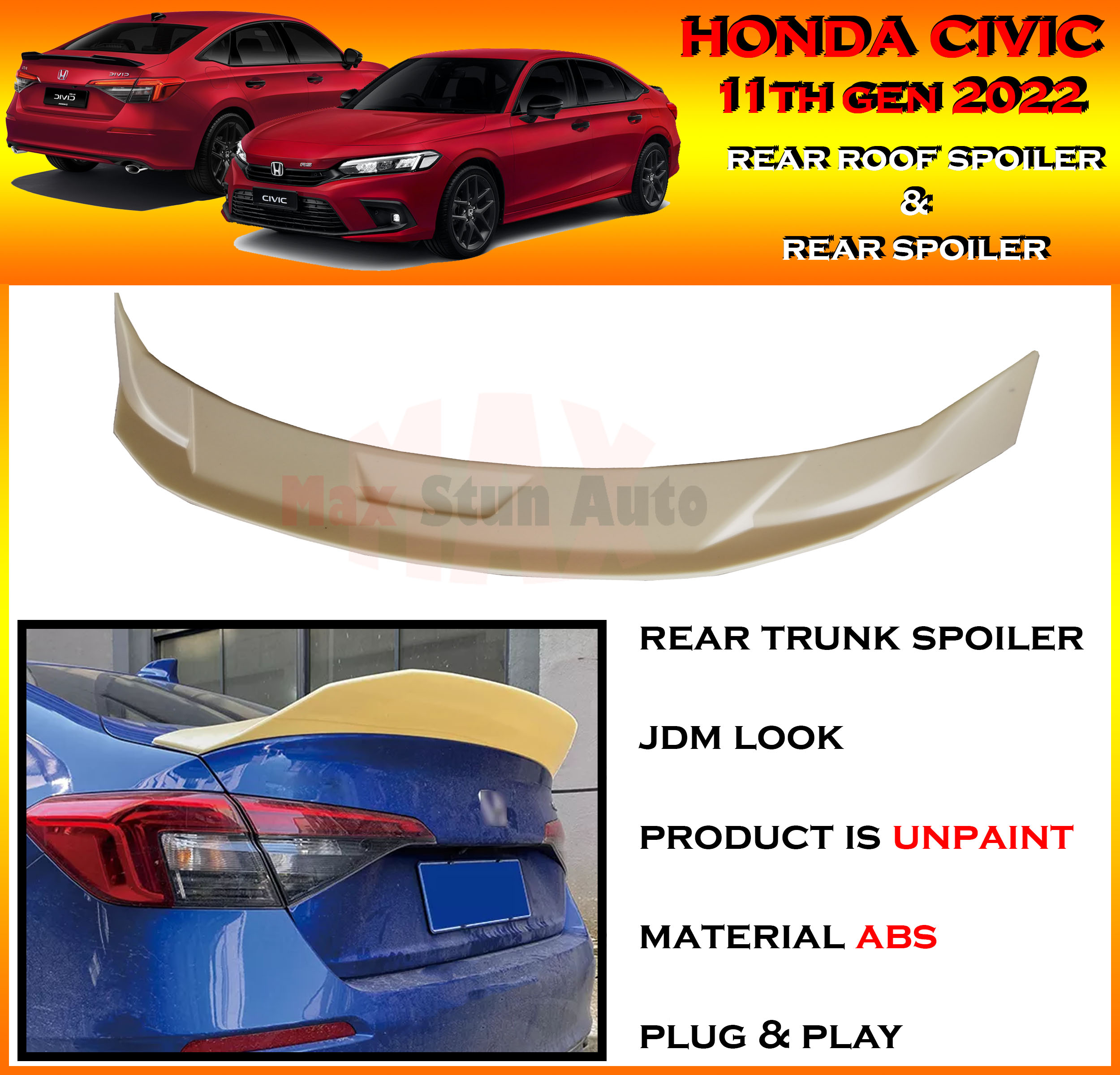 HONDA CIVIC FE 2022 11th GEN REAR TRUNK SPOILER DUCKTAIL & REAR ROOF ...
