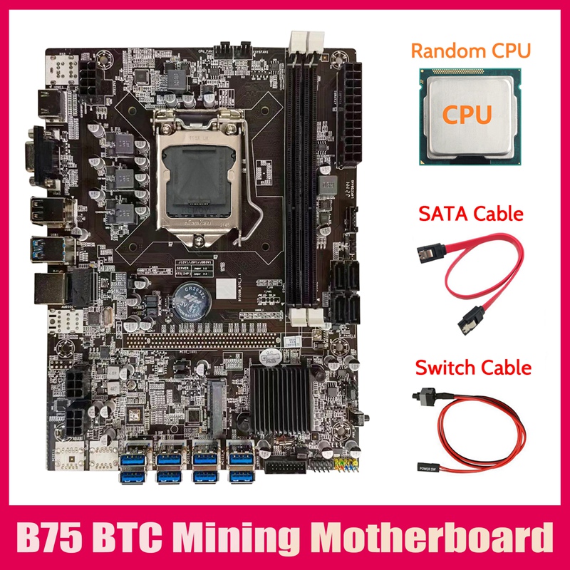 B75 BTC Mining Motherboard+CPU+Switch Cable+SATA Cable LGA1155 8XPCIE ...