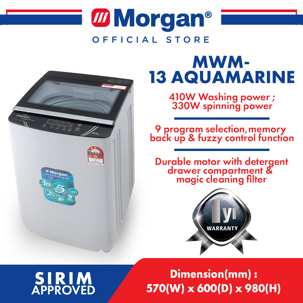 MORGAN MWM-13 AQUAMARINE FULLY AUTO WASHER 13KG WASHING MACHINE | Lazada