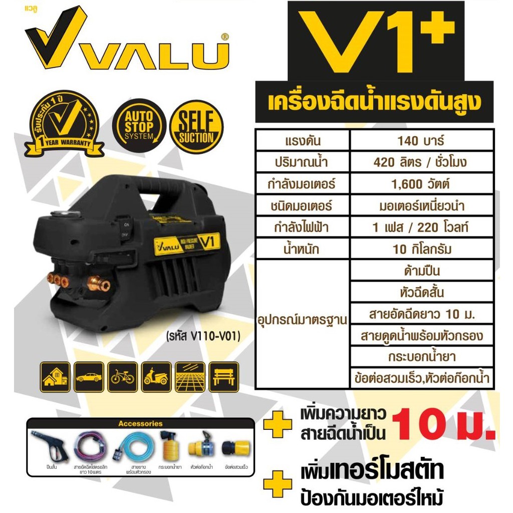 VALU V1 เครื่องฉีดน้ำแรงดันสูง 140 บาร์ 1600 วัตต์ รุ่น V1 - fasttech ...