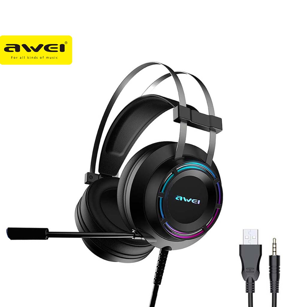 Awei GM-2 Over The Ear Gaming Headphone Surround Sound Wired Headphone with Microphone and RGB ...