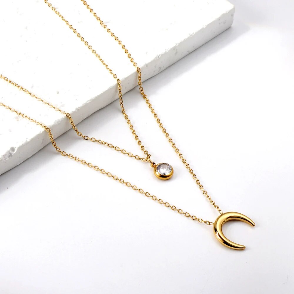 LUXUSTEEL Minimalist Double Layer Chain CZ Crystal Moon Pendant ...
