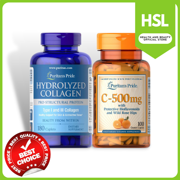 Puritans Pride Hydrolyzed Collagen 180 caplets and Vitamin C 500mg with ...