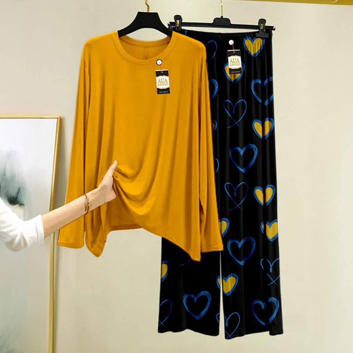 Mustard Women’s Night Suit with Heart Print Pajamas – Stylish Sleepwear ...