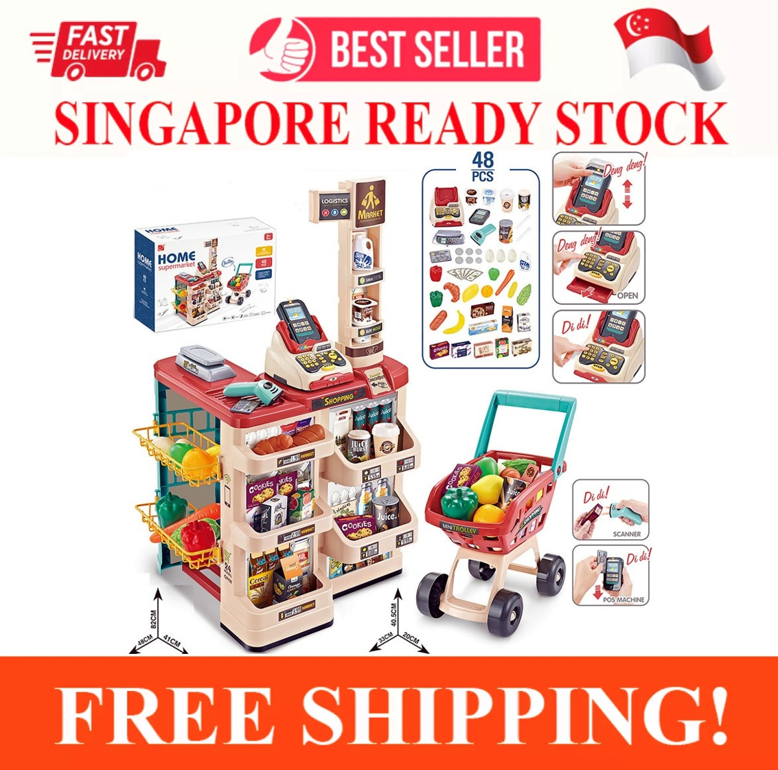 CHILDREN KIDS PLAY SUPERMARKET CASHIER COUNTER WITH TROLLEY SCANNER ...