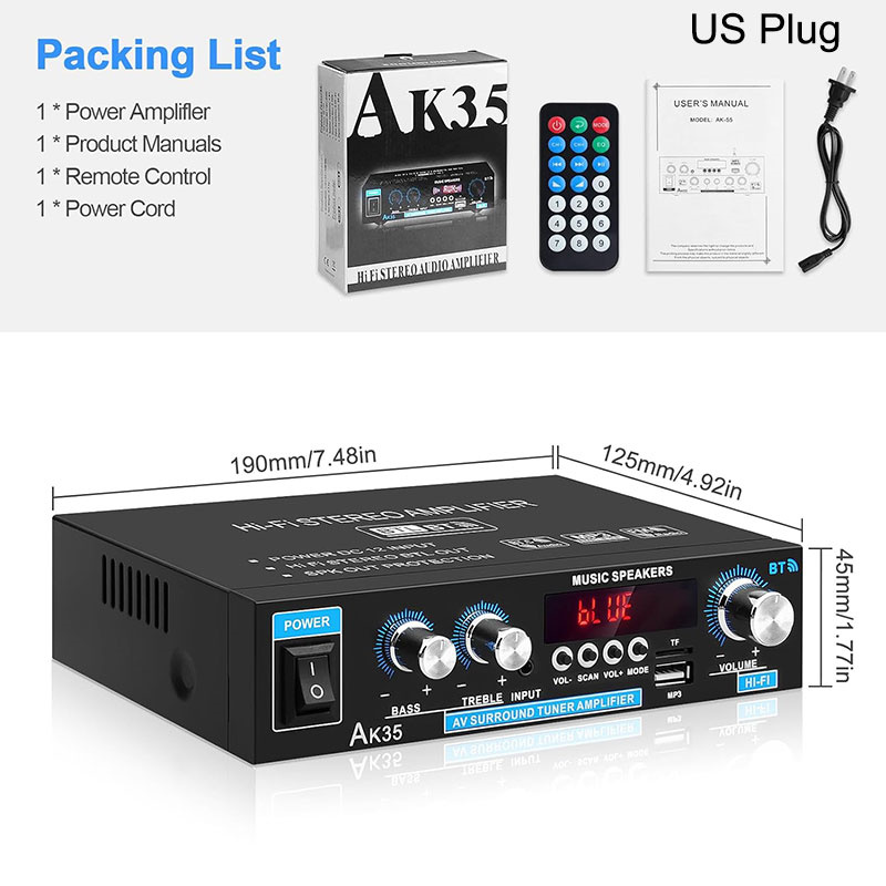 Home Power Amplifier CH 2.0 Bluetooth Bass Amp AK35 HIFI Digital Audio ...