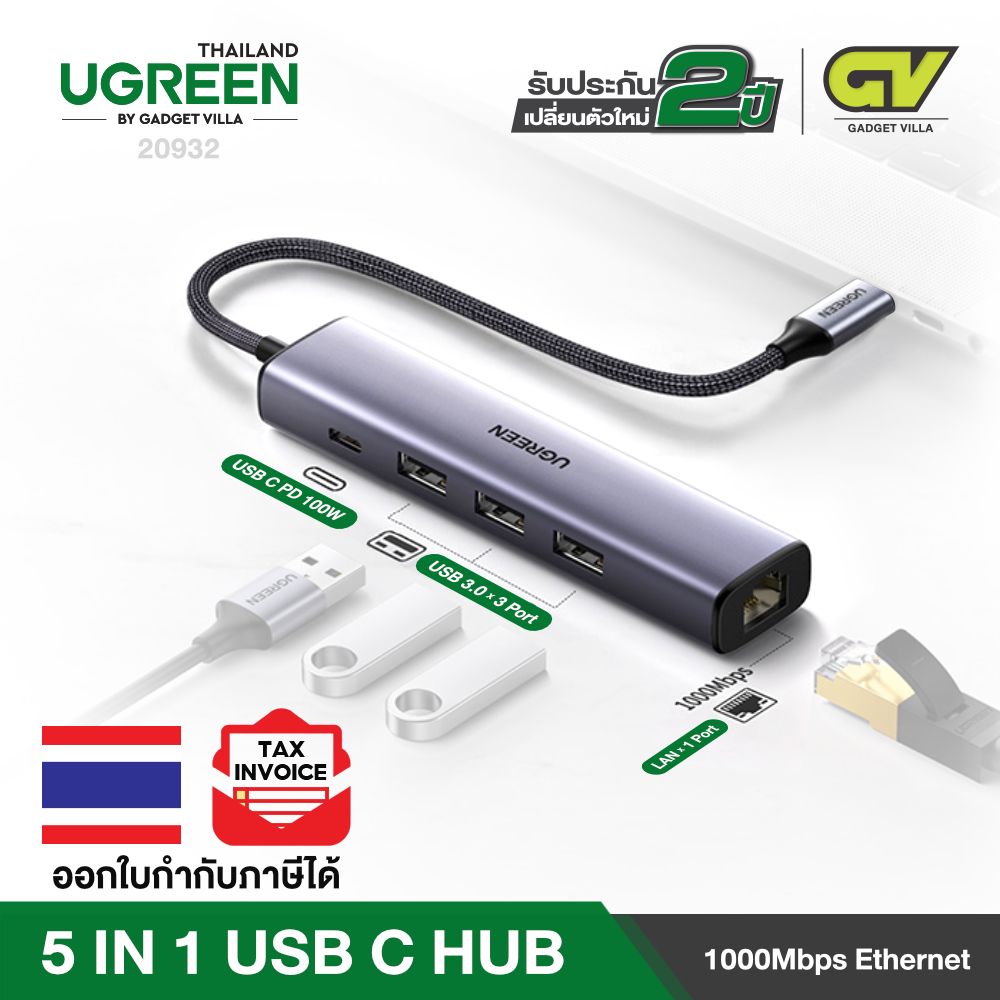 UGREEN รุ่น 20932 อุปกรณ์เชื่อมต่อ USB-C to Lan USB 3.0 มี 3 Hub พร้อม ...