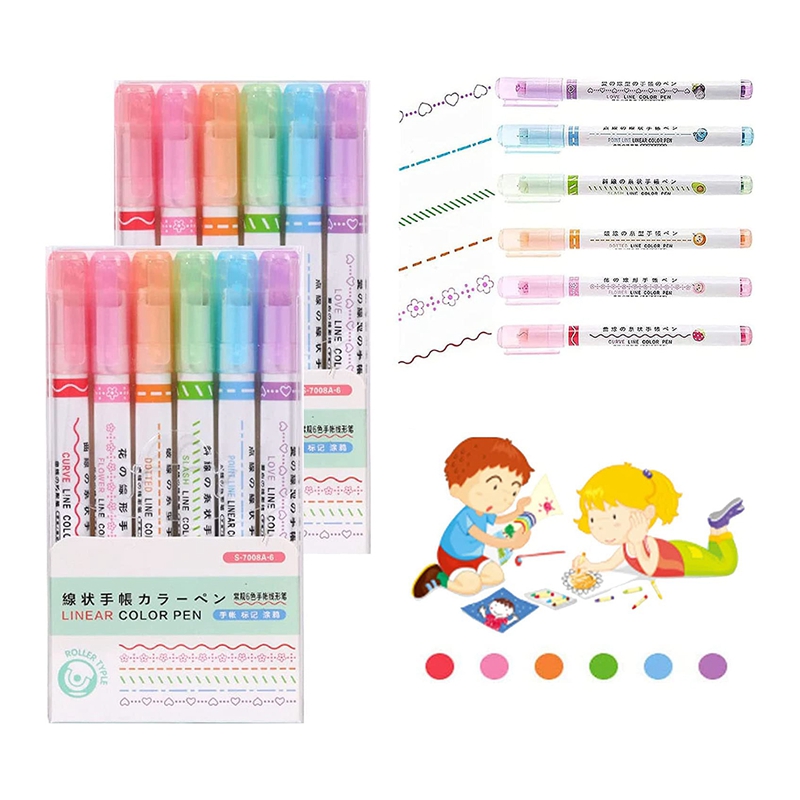 2 Set Curved Highlighter - Dual Tip Pens with 6 Different Curve Shapes ...