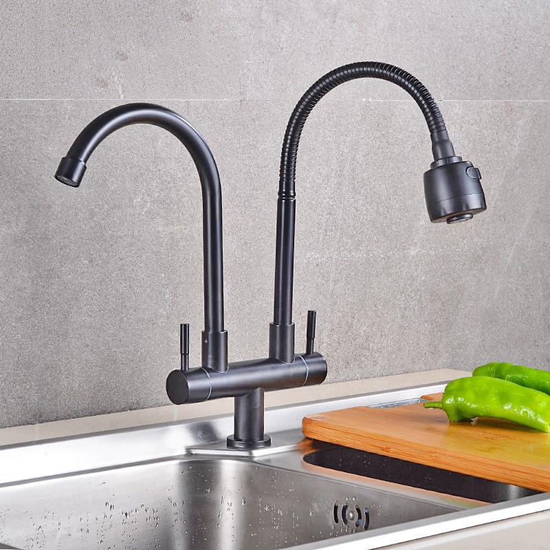 BLK-304549SS Pillar Kitchen Faucet Double Tap Dual Faucet Sprayer Head ...