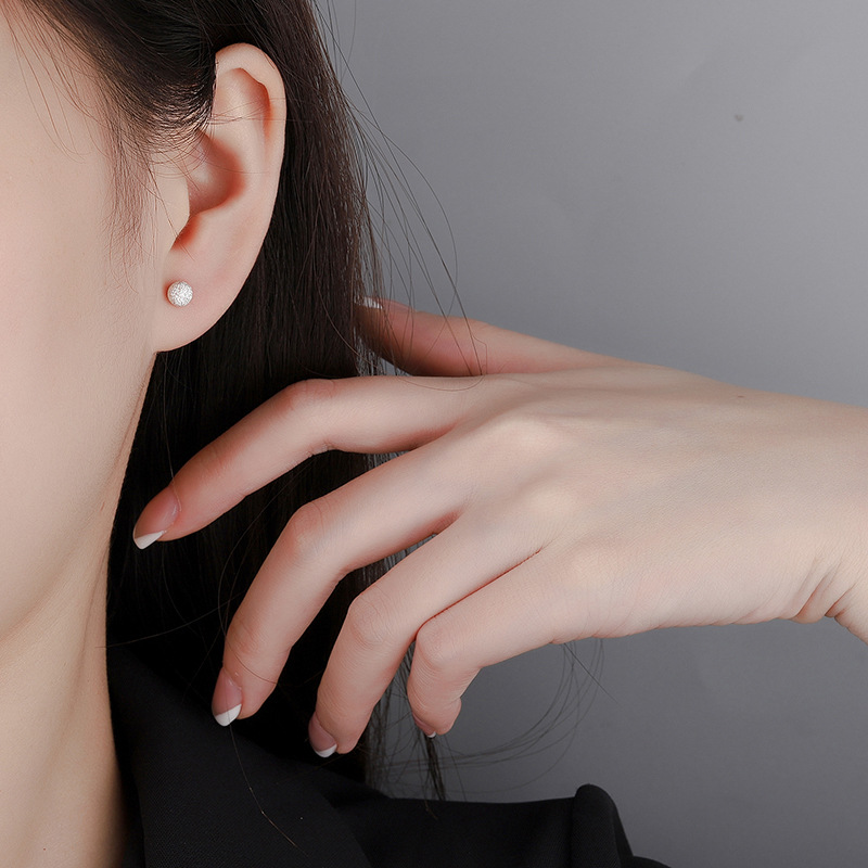 SS999 Flash Sand Ear Hook Bean Ear Nail Frosted Round Bead Ear Hole ...