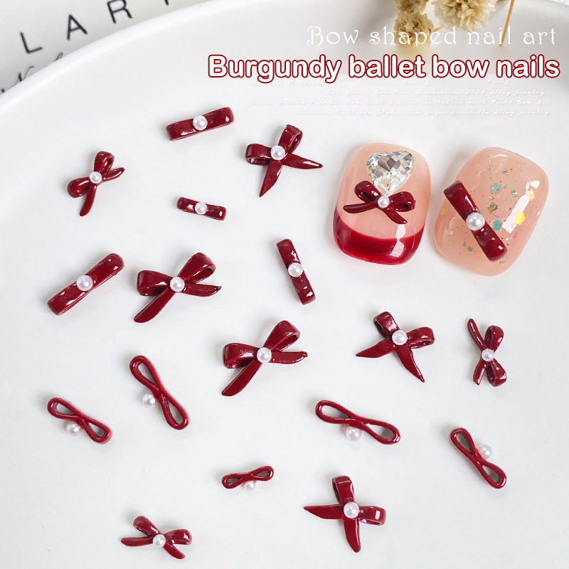5Pcs Wine Red Bow Nail Alloy Diamond Stereoscopic Inlaid With Pearls ...