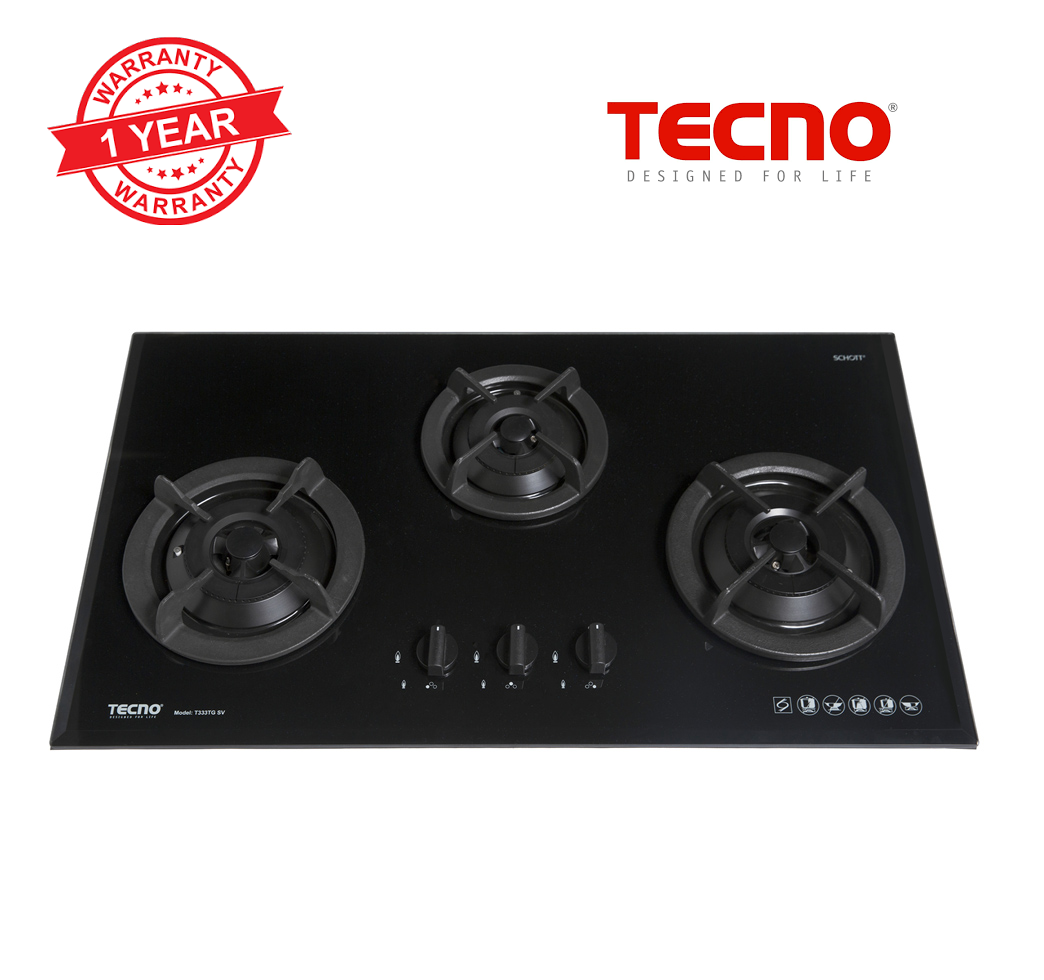 Tecno 90cm 3 Burner Black Tempered Glass Gas Hob T333TGSV (1yr warranty ...